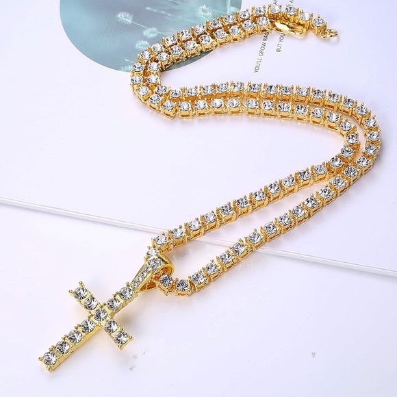 Accessories | 18k Gold Iced Out Tennis Chain W Gold Cross Cz | Poshmark